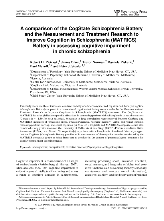 (PDF) A comparison of the CogState Schizophrenia Battery and the ...
