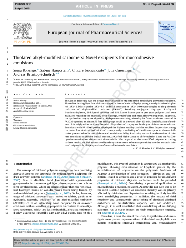 (PDF) Thiolated alkyl-modified carbomers: Novel excipients for ...