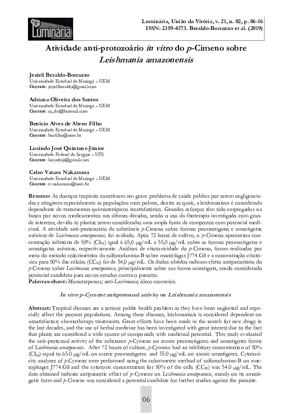 (PDF) Atividade anti-protozoário in vitro do p-Cimeno sobre Leishmania ...