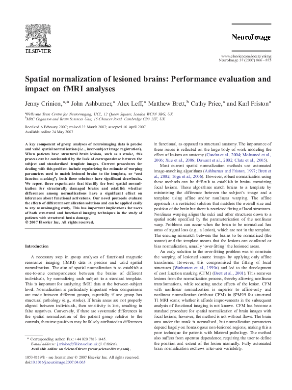 (PDF) Spatial normalization of lesioned brains: Performance evaluation and impact on fMRI analyses