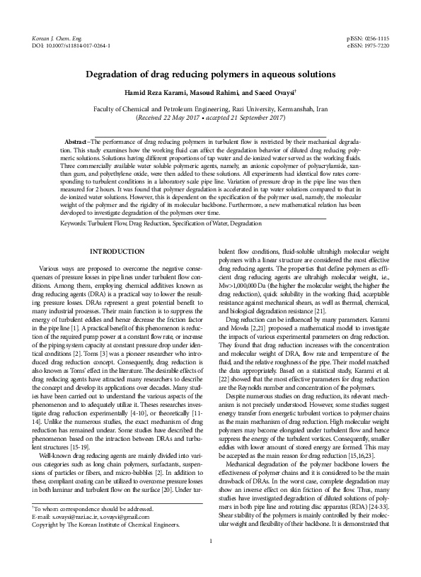 (PDF) Degradation of drag reducing polymers in aqueous solutions