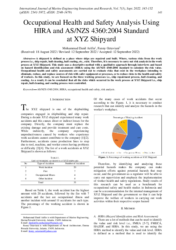 (PDF) Occupational Health and Safety Analysis Using HIRA and AS/NZS 4360:2004 Standard at XYZ ...