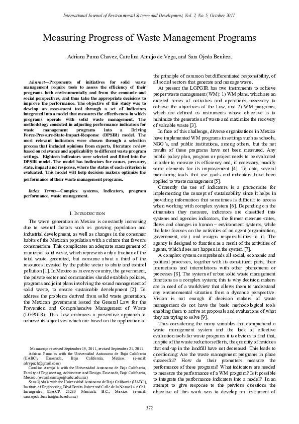 (PDF) Measuring Progress of Waste Management Programs