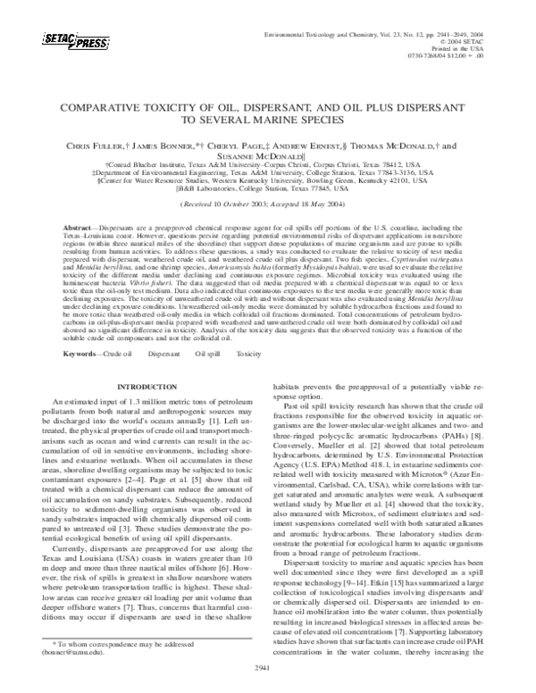 (PDF) Comparative Toxicity of Oil, Dispersant, and Oil Plus Dispersant ...
