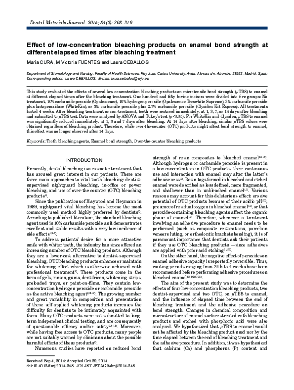 Pdf Effect Of Low Concentration Bleaching Products On Enamel Bond Strength At Different