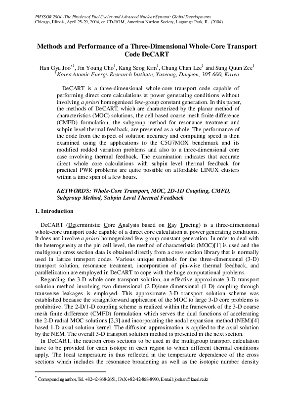 (PDF) Methods and Performance of a Three-Dimensional Whole-Core Transport Code DeCART