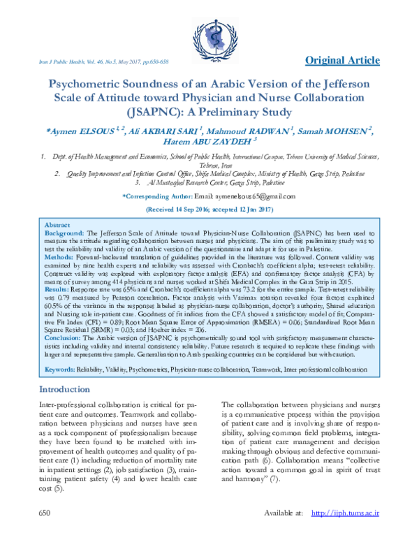 (PDF) Psychometric Soundness of an Arabic Version of the Jefferson ...