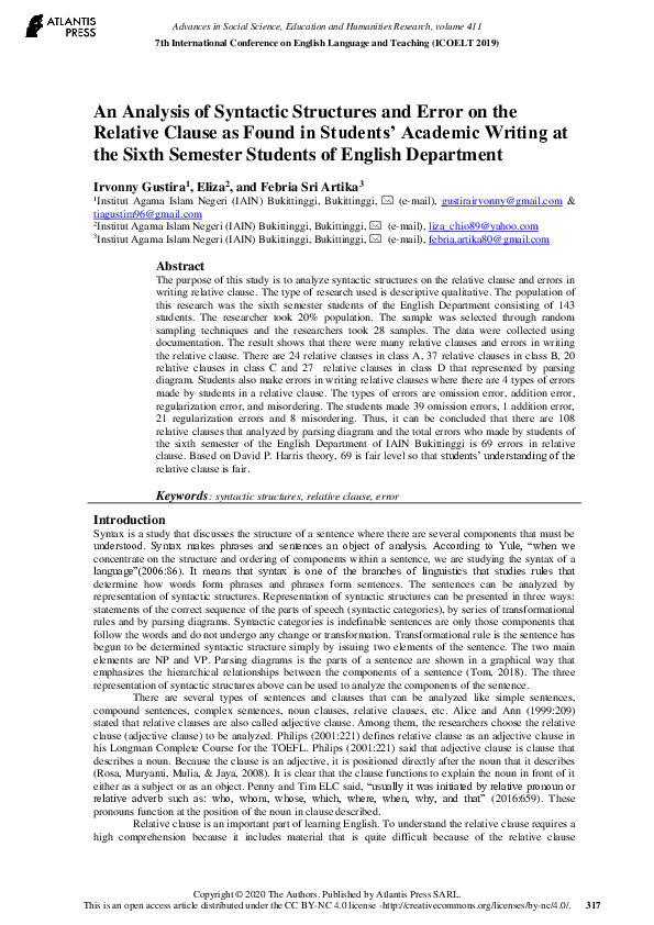 (PDF) An Analysis of Syntactic Structures and Error on the Relative Clause as Found in Students ...
