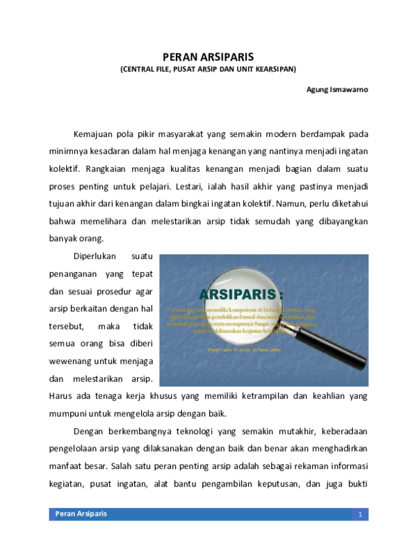 (PDF) PERAN ARSIPARIS (CENTRAL FILE, PUSAT ARSIP DAN UNIT KEARSIPAN