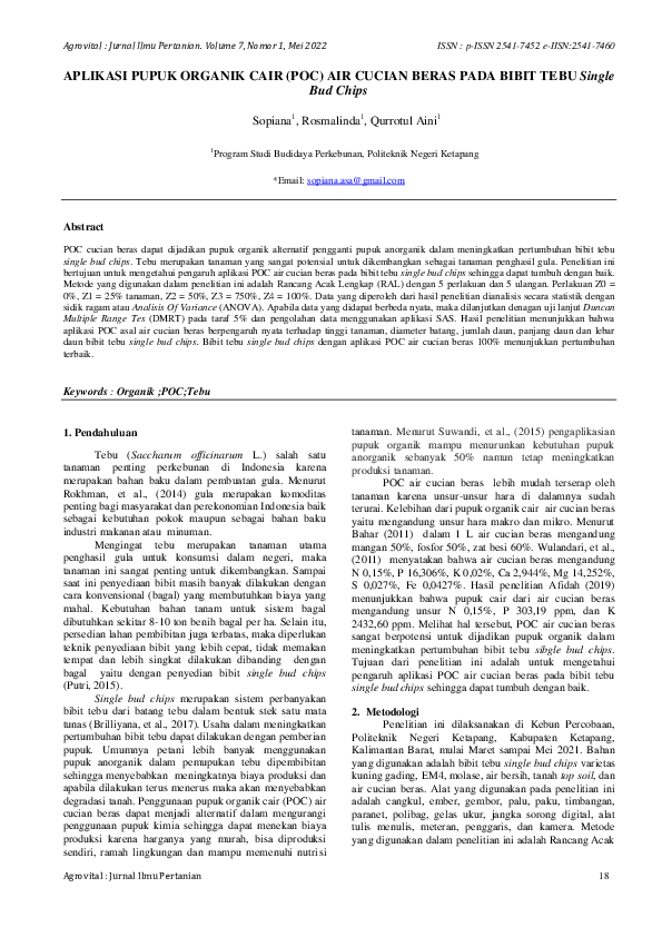 (PDF) APLIKASI PUPUK ORGANIK CAIR (POC) AIR CUCIAN BERAS PADA BIBIT TEBU Single Bud Chips