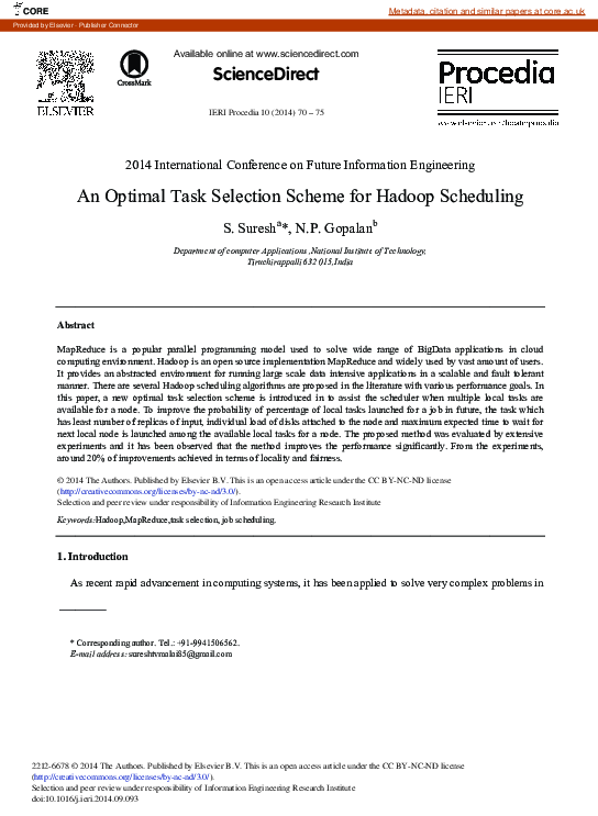 Pdf An Optimal Task Selection Scheme For Hadoop Scheduling N P Gopalan