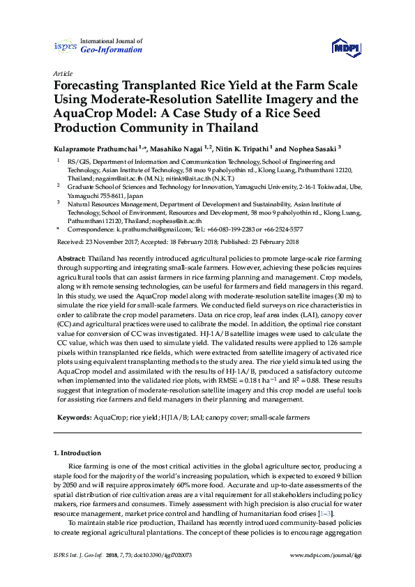 (PDF) Forecasting Transplanted Rice Yield at the Farm Scale Using Moderate-Resolution Satellite ...