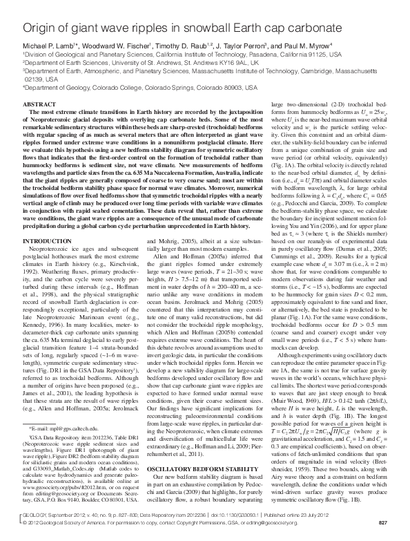 (PDF) Origin of giant wave ripples in snowball Earth cap carbonate