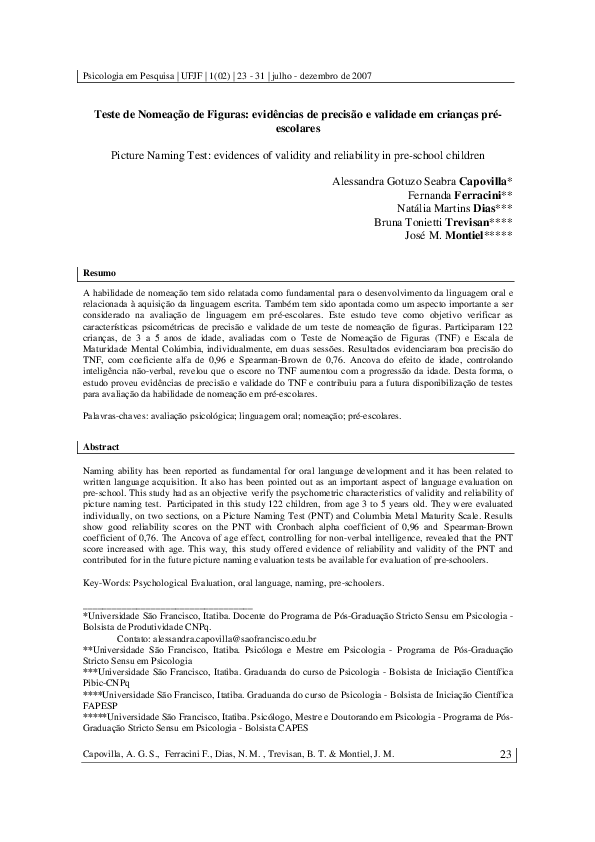 (PDF) Picture Naming Test: evidences of validity and reliability in pre ...