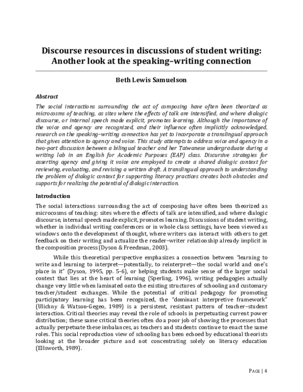 (PDF) Discourse resources in discussions of student writing: Another ...