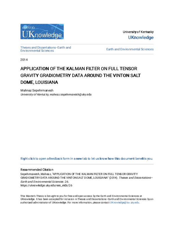 Pdf Application Of The Kalman Filter On Full Tensor Gravity Gradiometry Data Around The Vinton