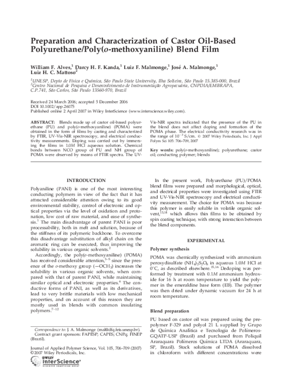 (PDF) Preparation and characterization of castor oil-based polyurethane/poly(o-methoxyaniline ...