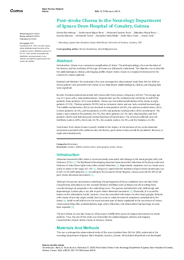(PDF) Post-stroke Chorea in the Neurology Department of Ignace Deen ...