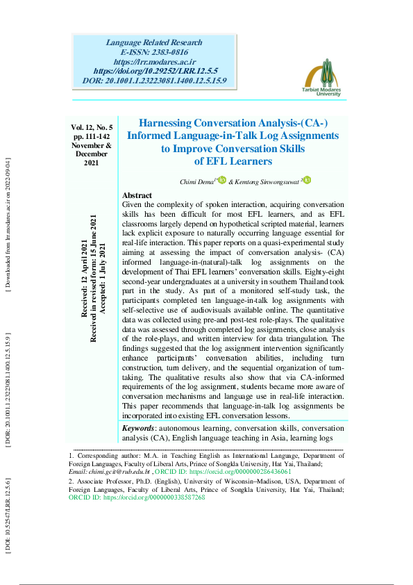 (PDF) Harnessing Conversation Analysis-(CA) Informed Language-in-talk Log Assignments to Improve ...