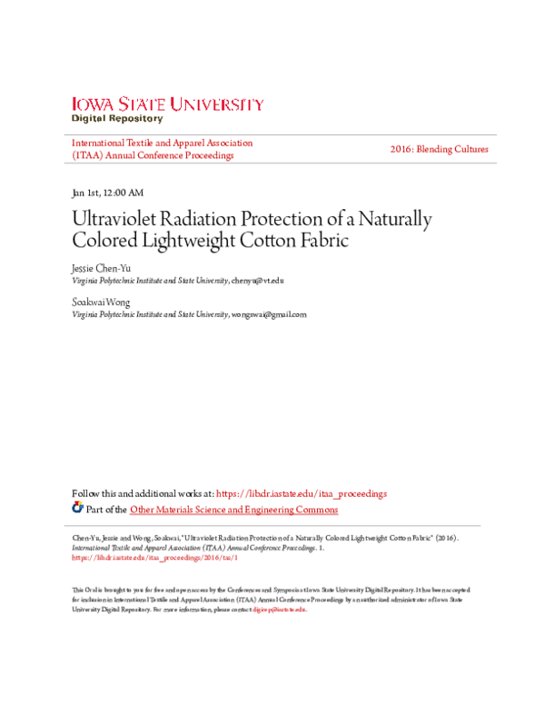 (PDF) Ultraviolet Radiation Protection of a Naturally Colored Lightweight Cotton Fabric