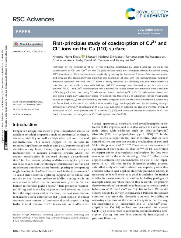 (PDF) First-principles study of coadsorption of Cu2+ and Cl− ions on ...