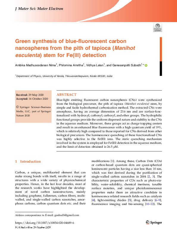 (PDF) Green synthesis of blue-fluorescent carbon nanospheres from the pith of tapioca (Manihot ...