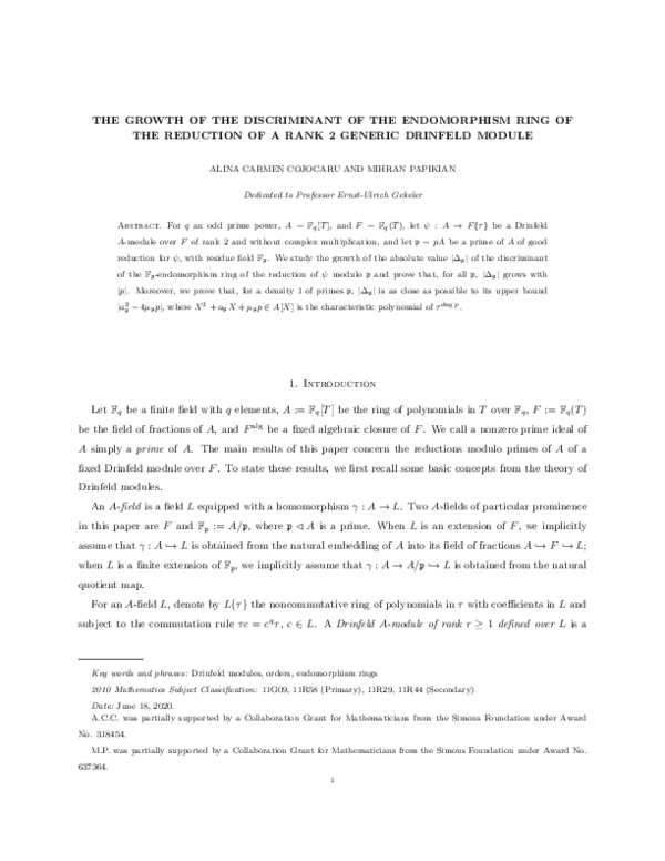 (PDF) The growth of the discriminant of the endomorphism ring of the ...