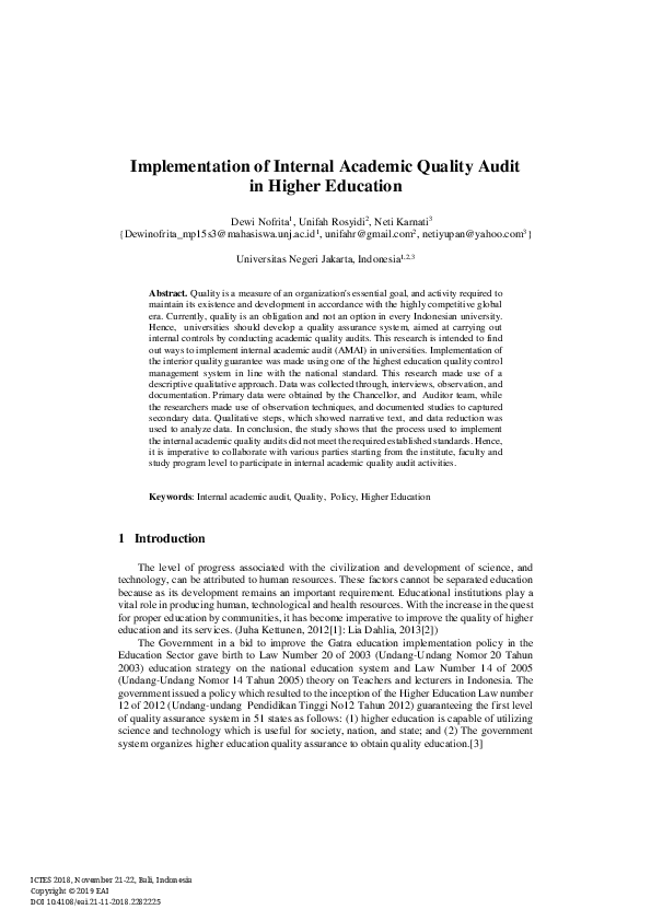 (PDF) Implementation of Internal Academic Quality Audit in Higher Education