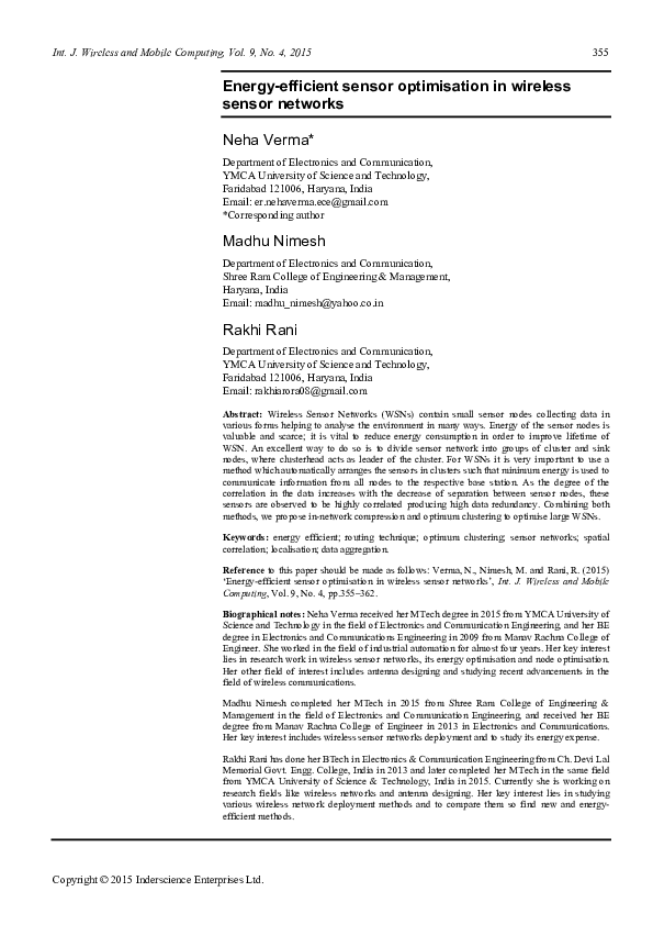 Pdf Energy Efficient Sensor Optimisation In Wireless Sensor Networks