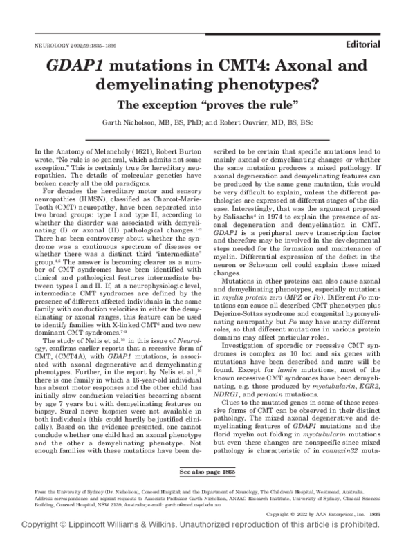(PDF) GDAP1 mutations in CMT4: Axonal and demyelinating phenotypes ...