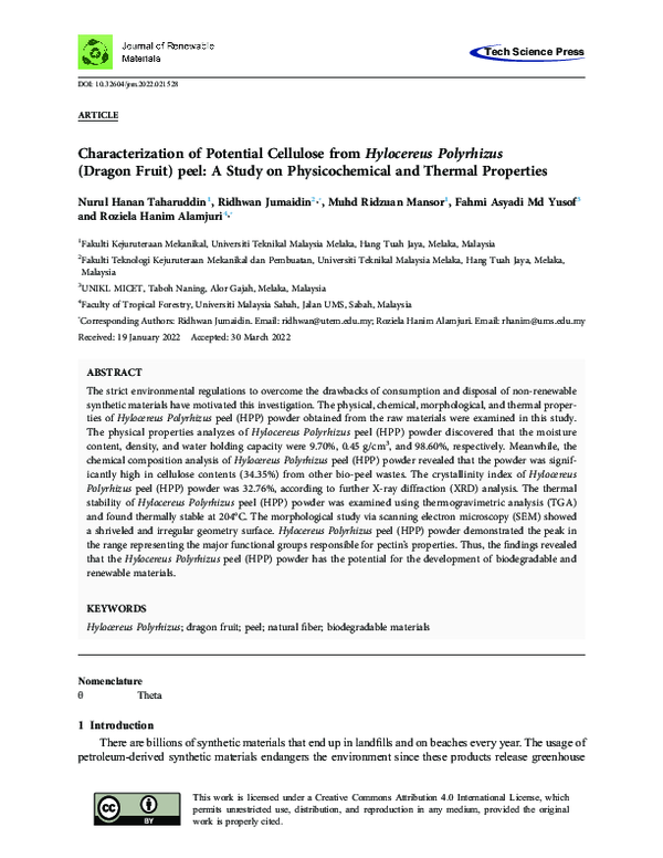 (PDF) Characterization of Potential Cellulose from Hylocereus Polyrhizus (Dragon Fruit) peel: A ...