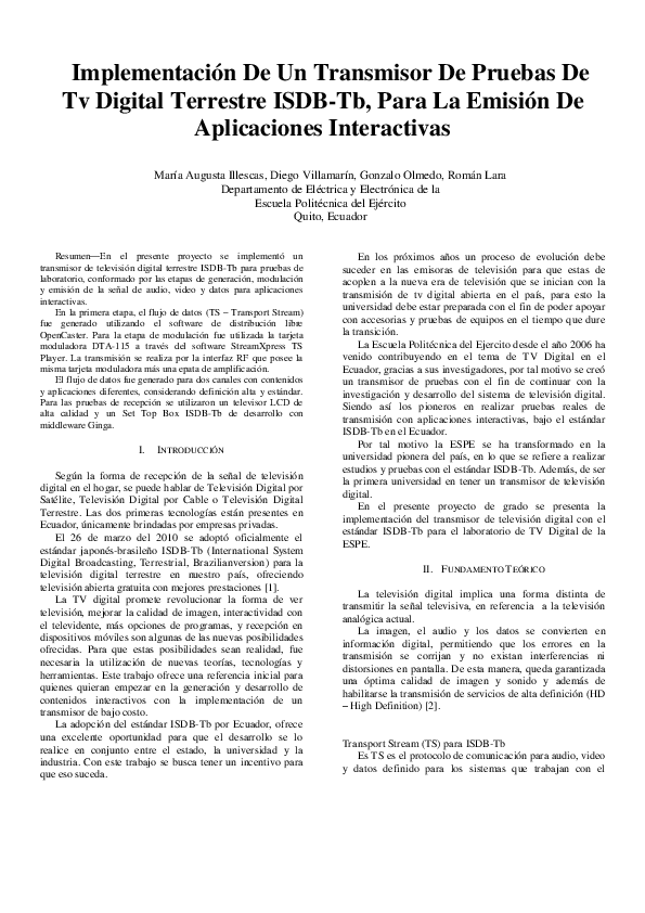 (PDF) Implementación de un transmisor de pruebas de TV Digital terrestre ISDB-Tb para la emisión ...