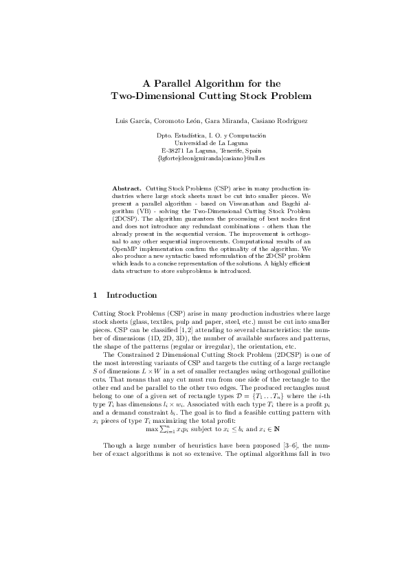 (PDF) Parallel Algorithm for the Two-Dimensional Cutting Stock Problem