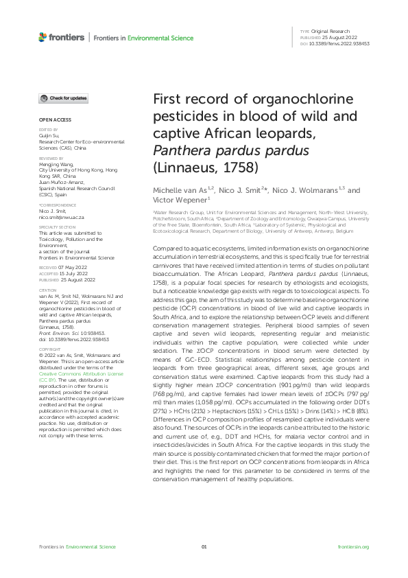 (PDF) First record of organochlorine pesticides in blood of wild and captive African leopards ...