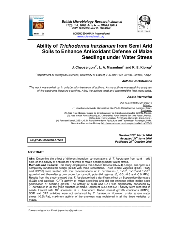 (PDF) Ability of Trichoderma harzianum from Semi Arid Soils to Enhance Antioxidant Defense of ...