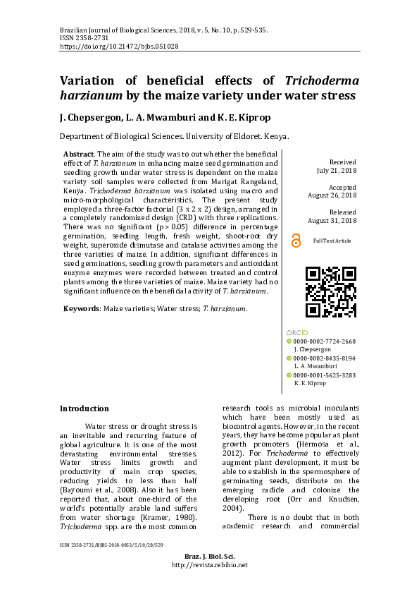 (PDF) Variation of beneficial effects of Trichoderma harzianum by the maize variety under water ...