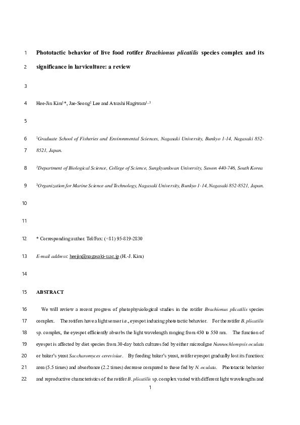(PDF) Phototactic behavior of live food rotifer Brachionus plicatilis ...
