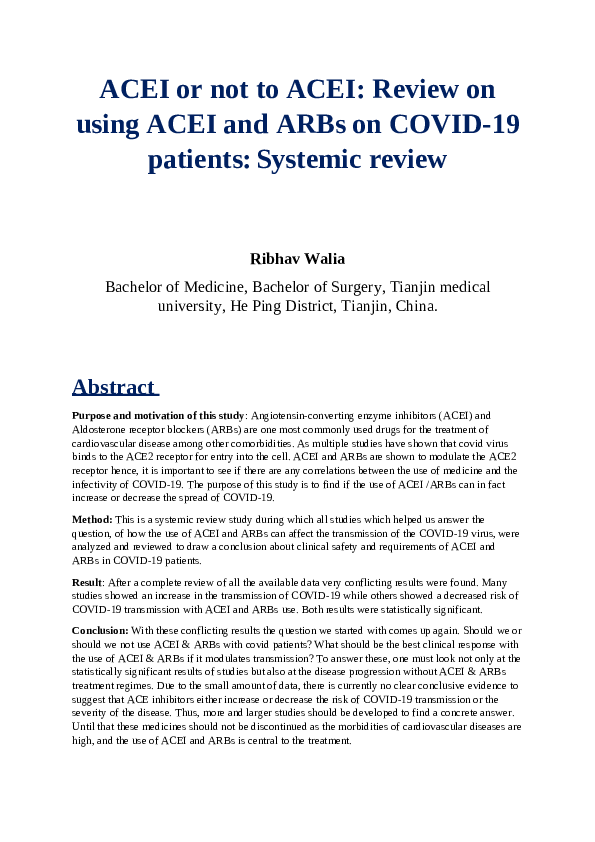 (PDF) ACEI or not to ACEI: Review on using ACEI and ARBs on COVID-19 ...