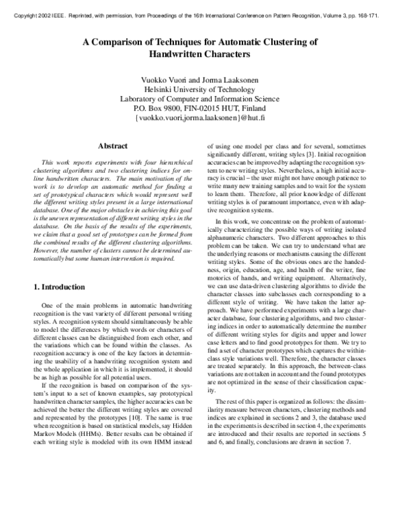 (PDF) A comparison of techniques for automatic clustering of handwritten characters