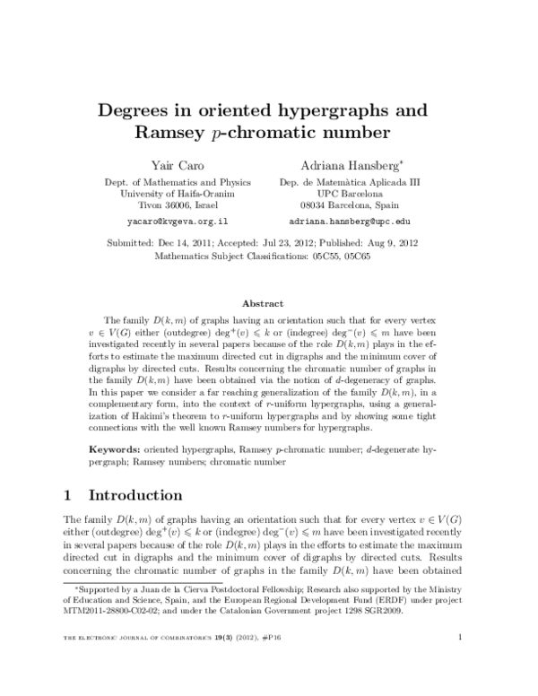 (PDF) Degrees in Oriented Hypergraphs and Ramsey p-Chromatic Number