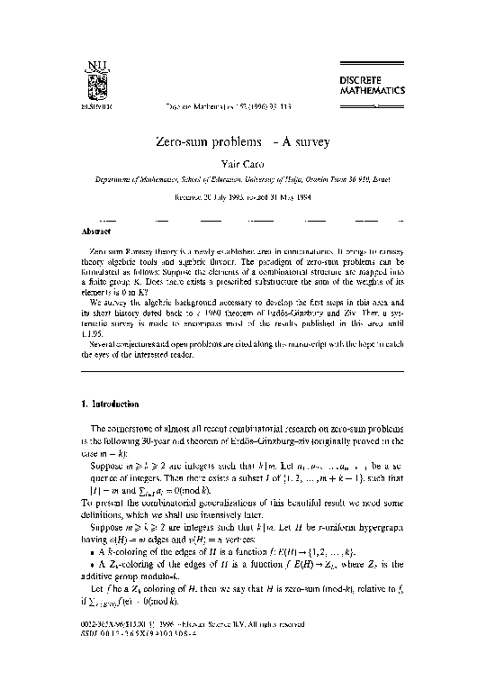 (PDF) Zero-sum problems — A survey