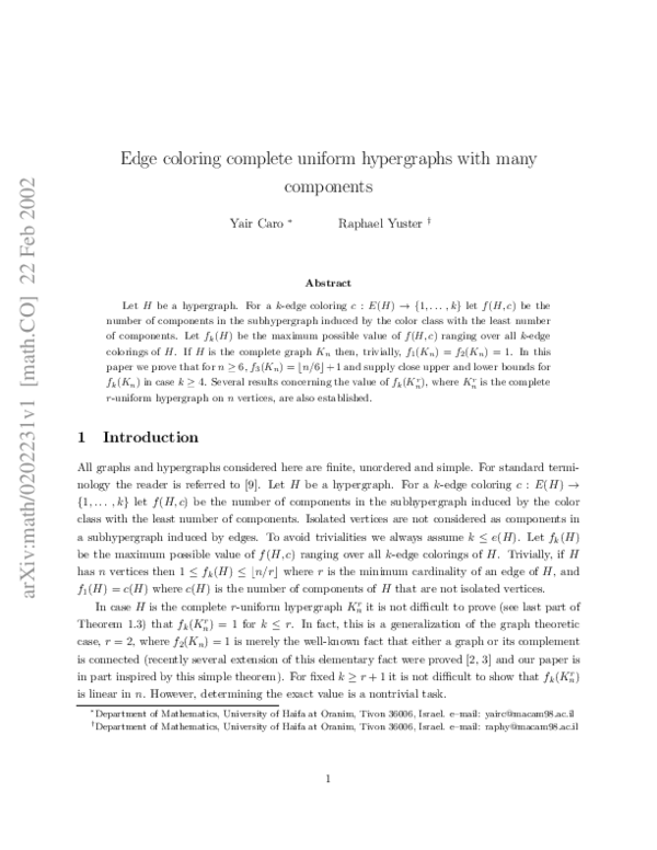 (PDF) Edge coloring complete uniform hypergraphs with many components