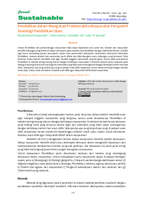 (PDF) Pendidikan dalam Mengatasi Problematika Masyarakat Perspektif Sosiologi Pendidikan Islam
