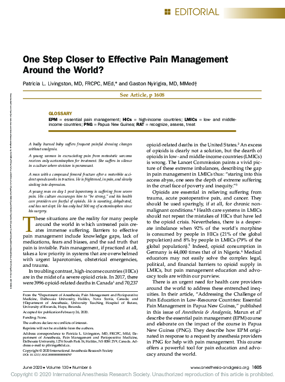 (PDF) One Step Closer to Effective Pain Management Around the World?