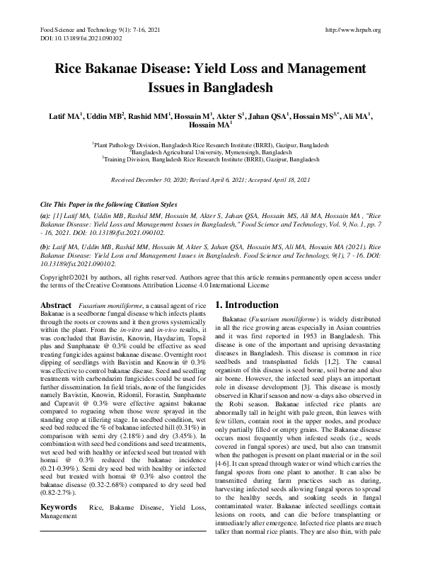 (PDF) Rice Bakanae Disease: Yield Loss and Management Issues in Bangladesh