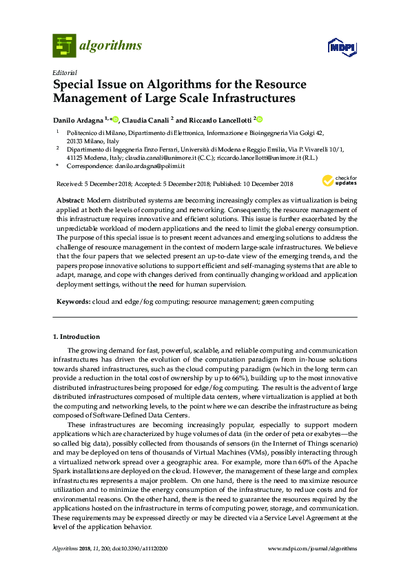 Pdf Special Issue On Algorithms For The Resource Management Of Large Scale Infrastructures