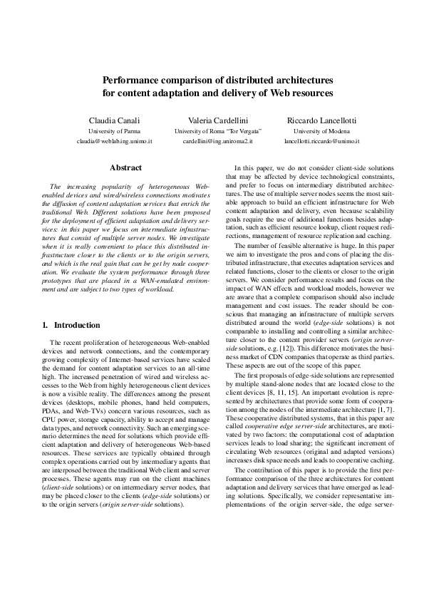 (PDF) Performance comparison of distributed architectures for content adaptation and delivery of ...