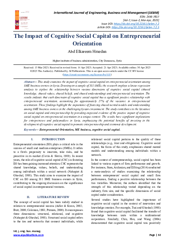 (PDF) The Impact of Cognitive Social Capital on Entrepreneurial Orientation