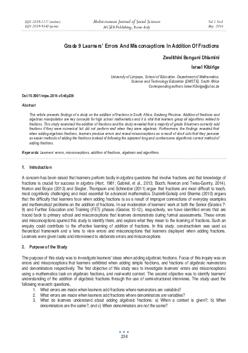 (PDF) Grade 9 Learners’ Errors And Misconceptions In Addition Of Fractions