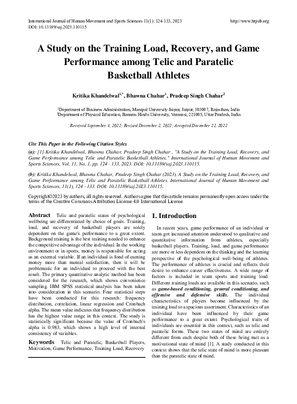 (PDF) A Study on the Training Load, Recovery, and Game Performance ...